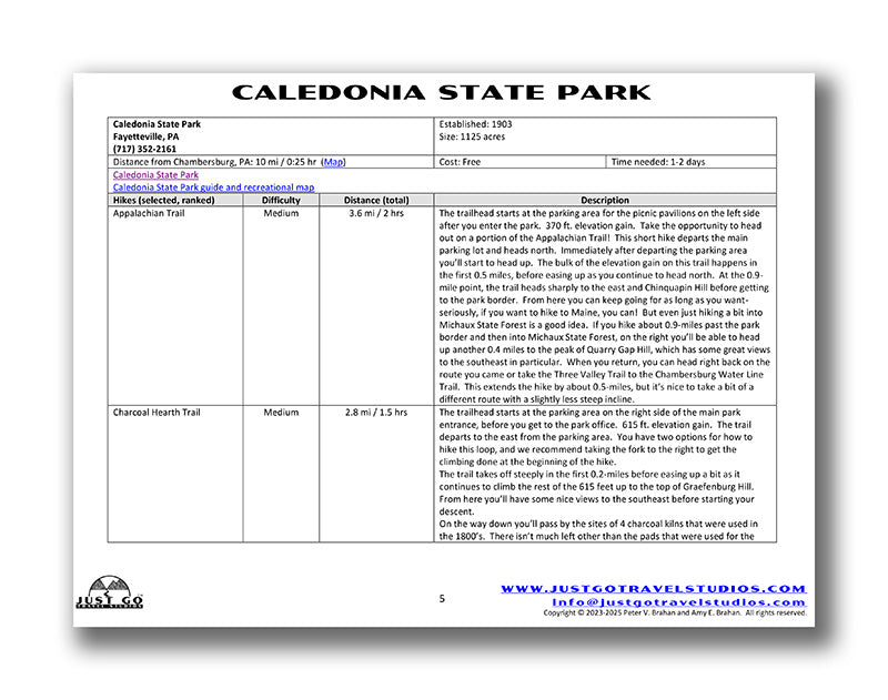 Caledonia State Park Itinerary (Digital Download) – Just Go Travel Studios